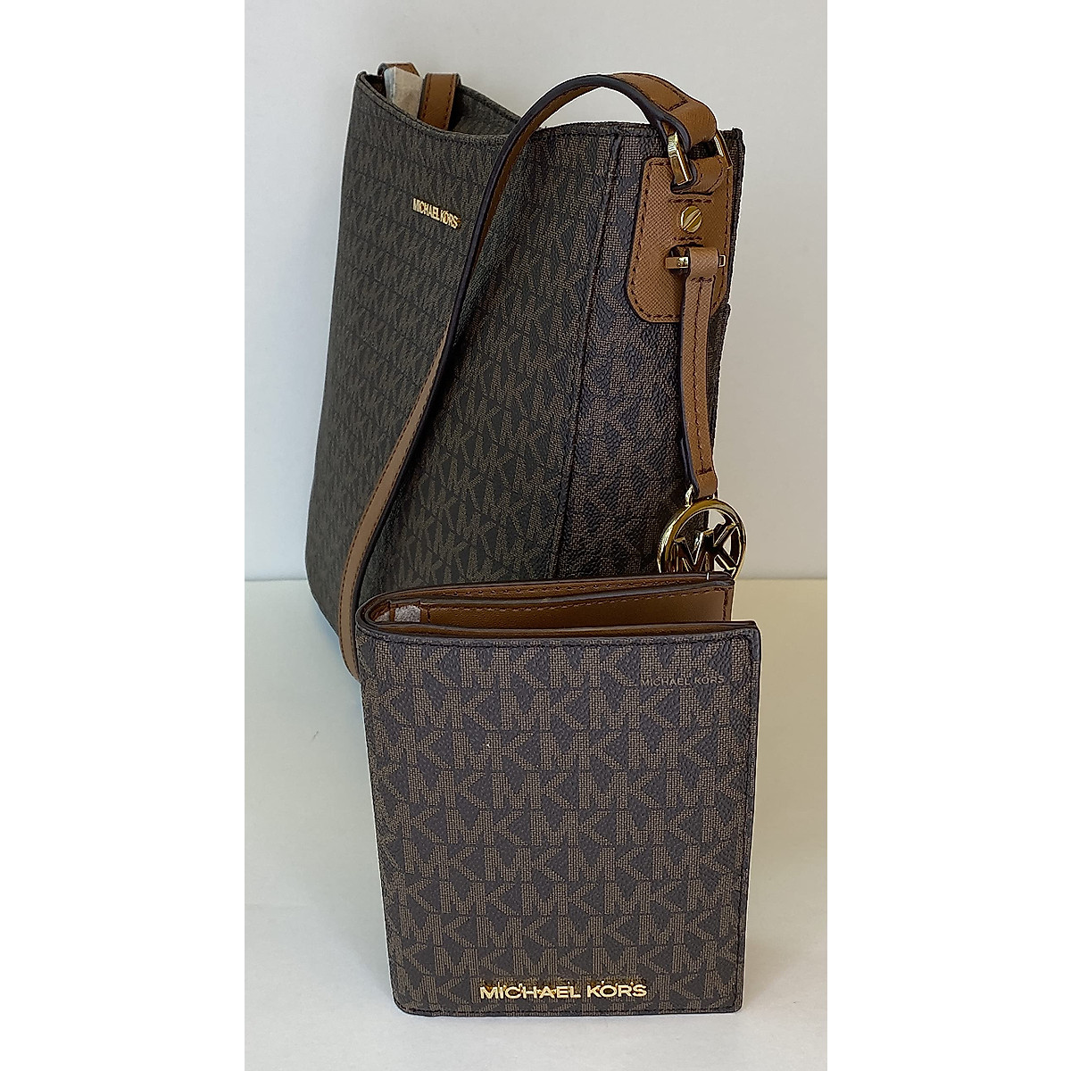 Michael Kors MICHAEL Michael Kors Jet Set Travel Large Messenger Crossbody bundle with Passport Case Purse Hook (Signature MK Brown)