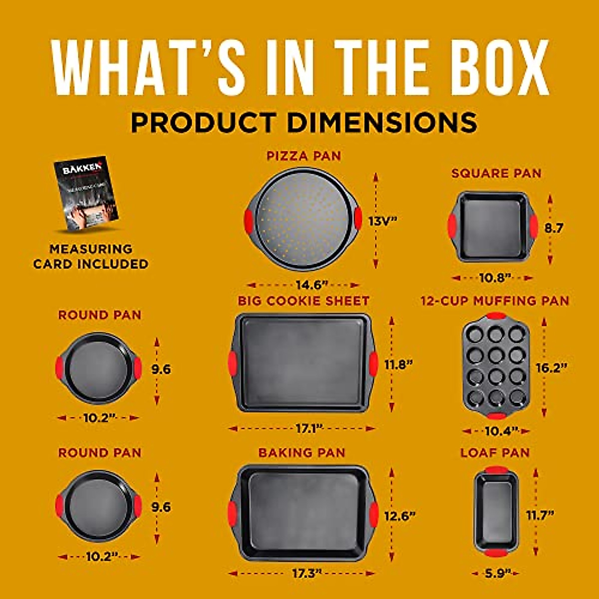 Baking Set – 8 Piece Kitchen Oven Bakeware Set – Deluxe Non-Stick Black Coating Inside and Outside – Carbon Steel – Red Silicone Handles – PFOA PFOS and PTFE Free by Bakken