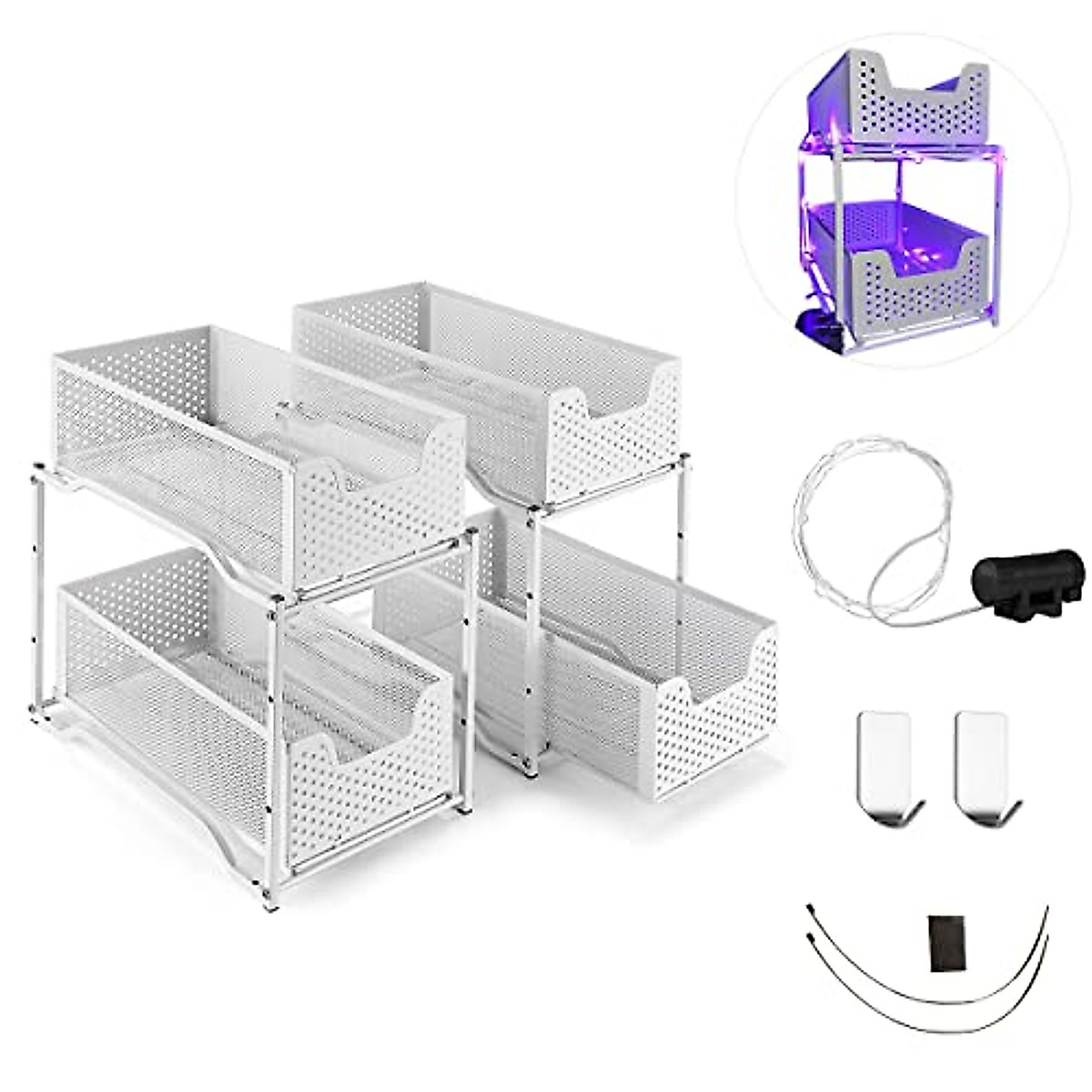2 Pack Stackable 2-Tier Metal Under Sink Cabinet Organizer with Sliding Storage Drawers with Hooks and LED Strip Lights,White