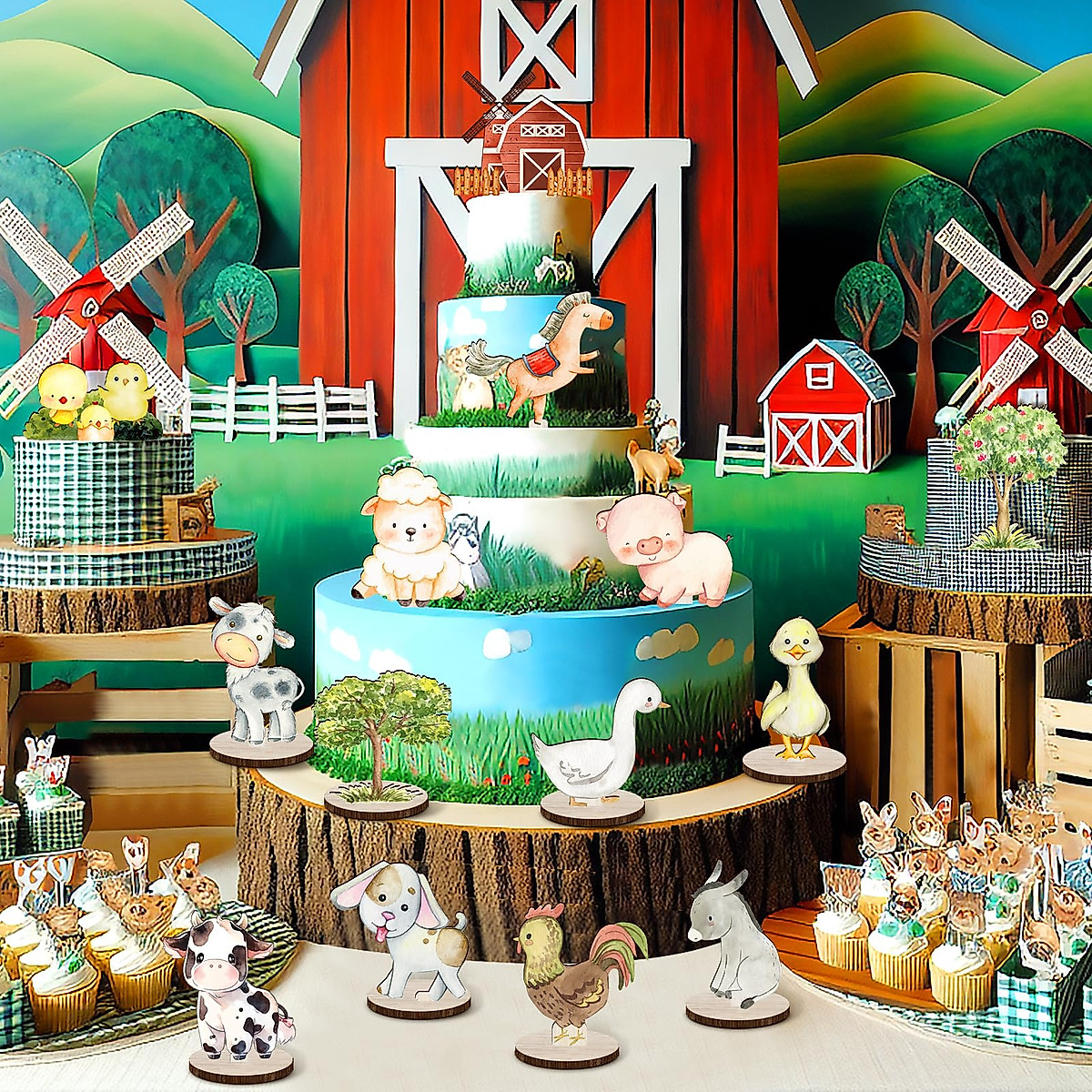 14Pcs Farm Animals Wood Table Centerpieces Farm Creatures Cutout Shapes Table Toppers Farm Themed Baby Shower Decorations Wooden Barnyard Farm Animal for Birthday Party Supplies