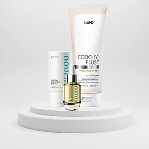 IntiMD Coochy Plus Intimate Shave Cream Fragrance Free + Pre-Shave Elixir Moisturizer Oil Kit - HydroLock & MOISTURIZING PLUS Continuous Hydration Reliefs Razor Burn Bump Ingrown Hair