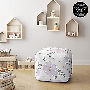 Sweet Jojo Designs Lavender Purple Boho Floral Girl Ottoman Pouf Cover Unstuffed Poof Floor Footstool Square Cube Pouffe Storage Baby Nursery Kids Room Grey Bohemian Farmhouse Shabby Chic Watercolor