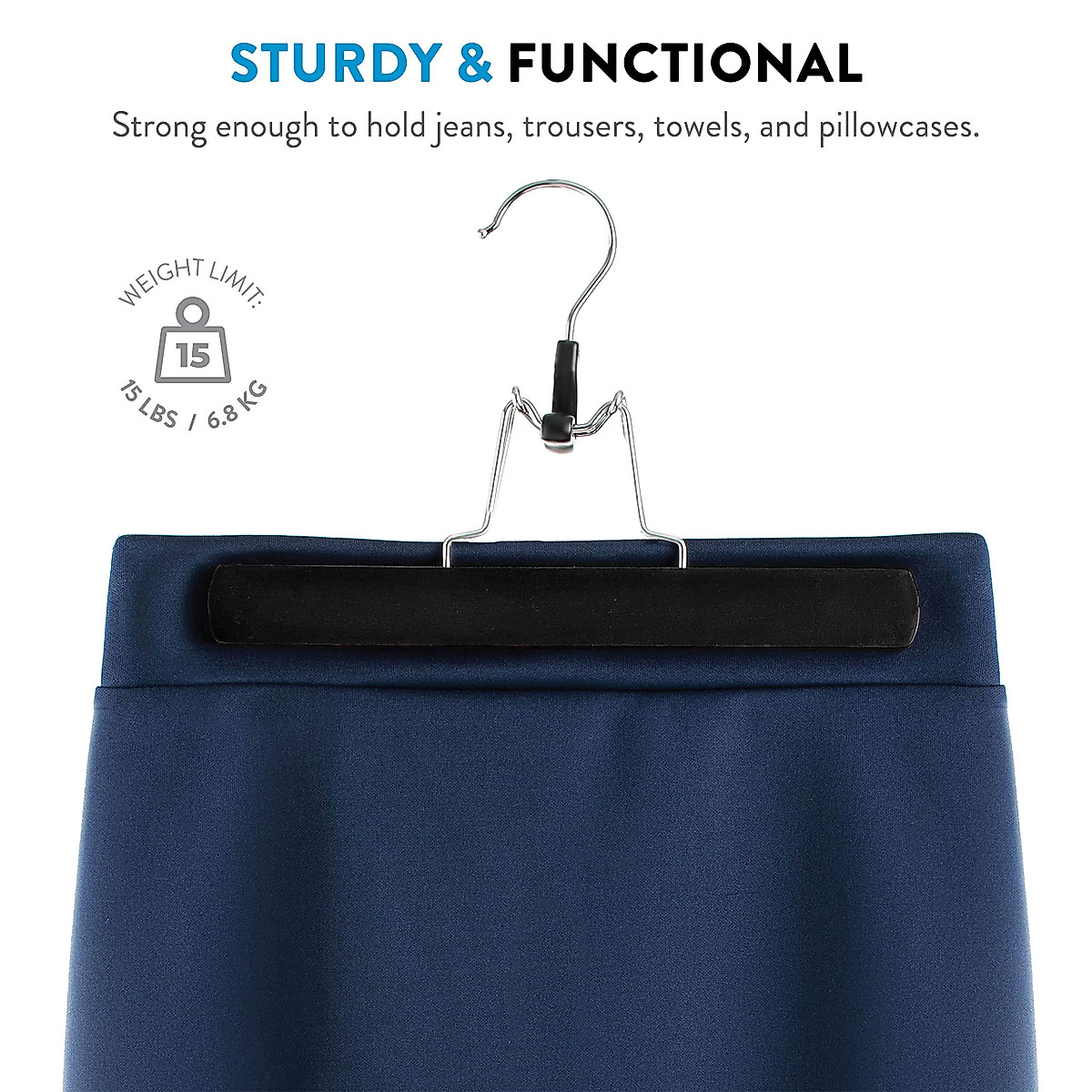 ZOBER High-Grade Smooth Finish Non Slip Wooden Cloth Hangers with Clips for Skirts, Slacks - 360° Swivel Hook - (10 Pack)