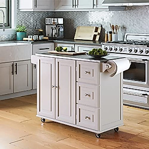 Homestyles Kitchen Cart with Stainless Steel Metal Top Rolling Mobile Kitchen Island with Storage and Towel Rack 54 Inch Width Off White