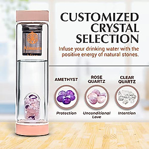 Almeara Crystal Water Bottle with Authentic Amethyst, Rose Quartz & Clear Quartz Removable Gemstones, Loose Leaf Tea Infuser - Relaxation, Healing & Spiritual Gifts for Women - Witchcraft Supplies