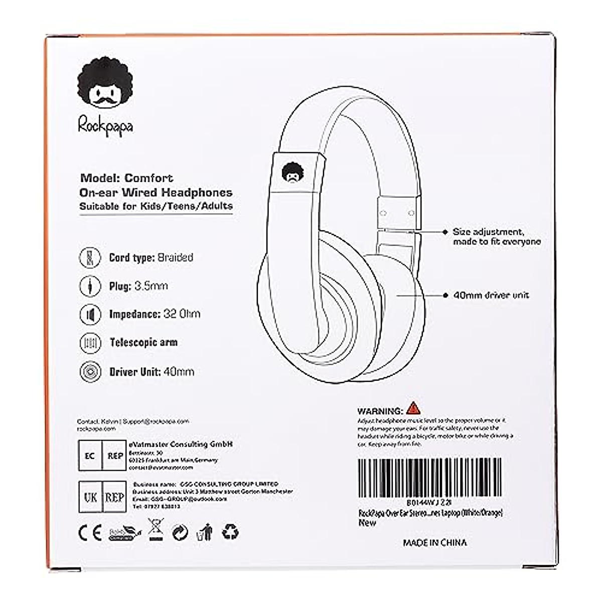 rockpapa Comfort Kids Headphones for School, Lightweight Childrens Boys Girls Teens Over-Ear Headphones Wired 3.5mm for CD DVD Player Tablet Phone Travel White/Orange