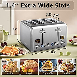 SEEDEEM 4 Slice Toaster, Stainless Bread Toaster Color LCD Display, 7 Bread Shade Settings, 1.5'' Wide Slots Toaster with Bagel/Defrost/Reheat Functions, Removable Crumb Tray, Silver Metallic, 1800W