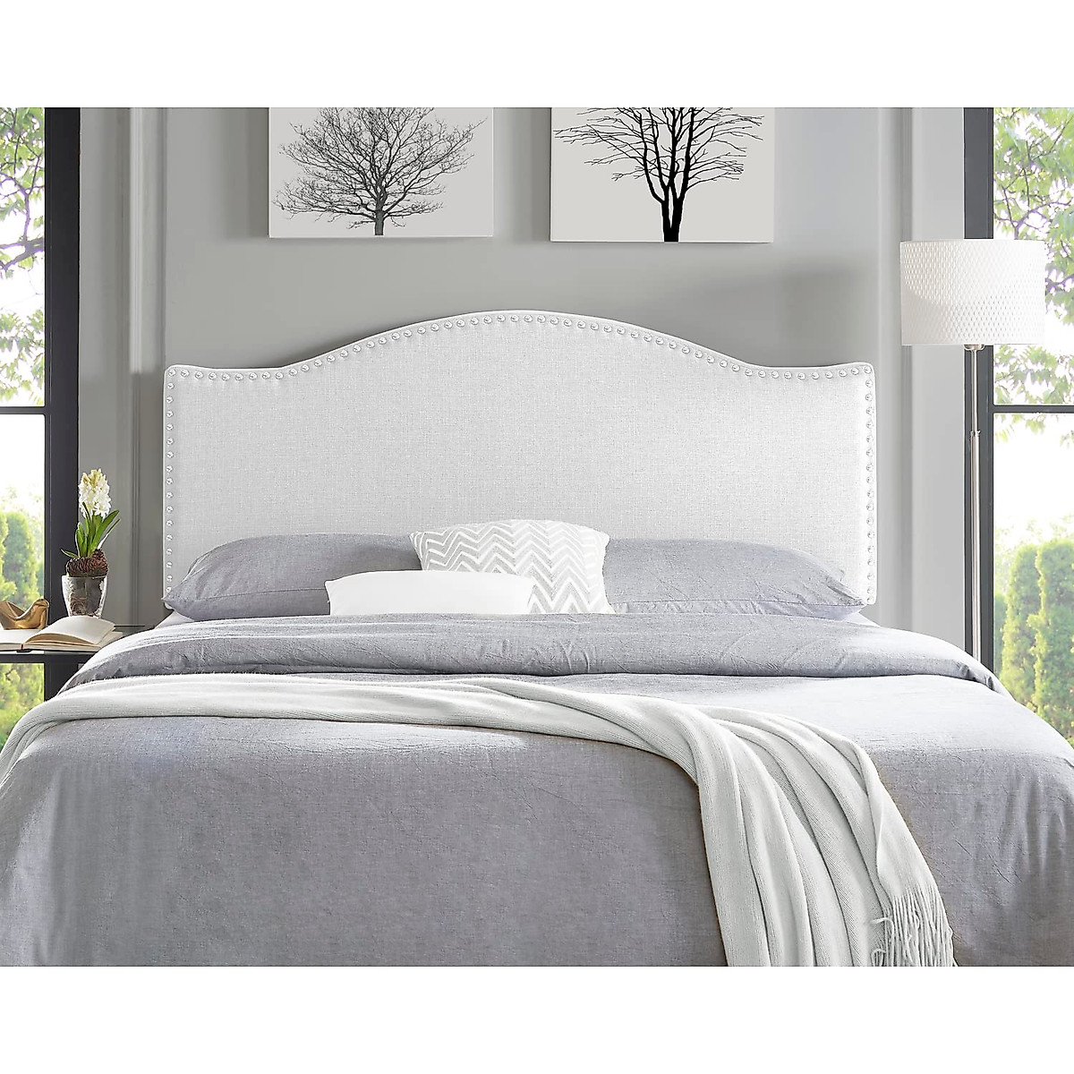 Catalina Queen Headboard Only, Height Adjustable Bed Headboard Queen Size, Nailhead Tufted Headboard Queen Size with 12 Positions, Metal Legs, Wall/Bed Mount, Linen Fabric Headboard Queen, White
