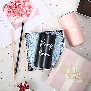 Sieral 2 Pcs 16 oz Flower Ring Bearer Tumbler Cup Stainless Steel Cup with Straw Water Bottle Gift Idea for Wedding Party(Black, Pink)