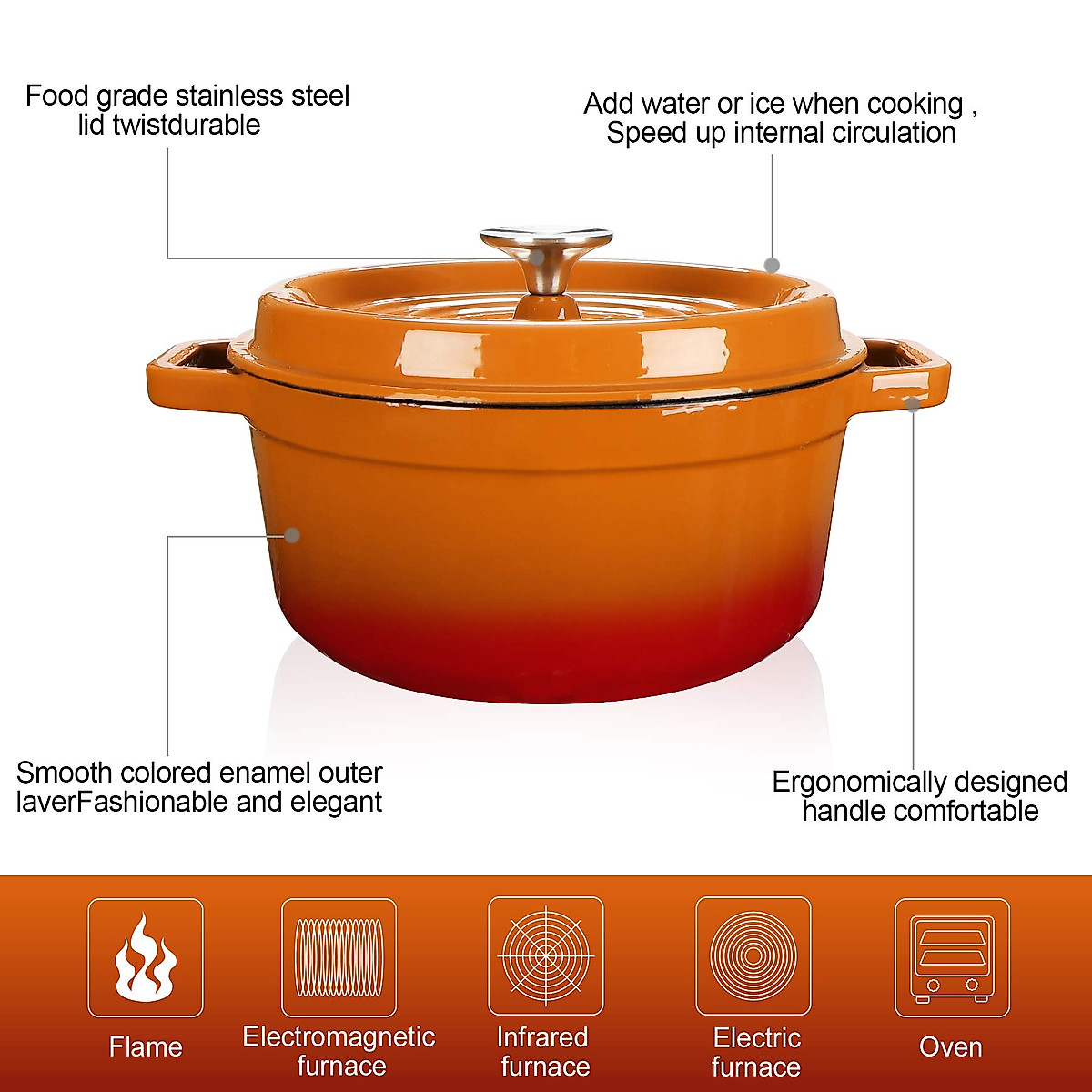 WISELADY Enameled Cast Iron Dutch Oven Bread Baking Pot with Lid (4QT, Orange)