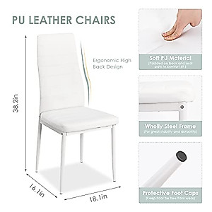 BAHOM 5 Piece Kitchen Dining Table Set for 4, Glass Dining Table and 4 Chairs PU Leather for Breakfast (White)