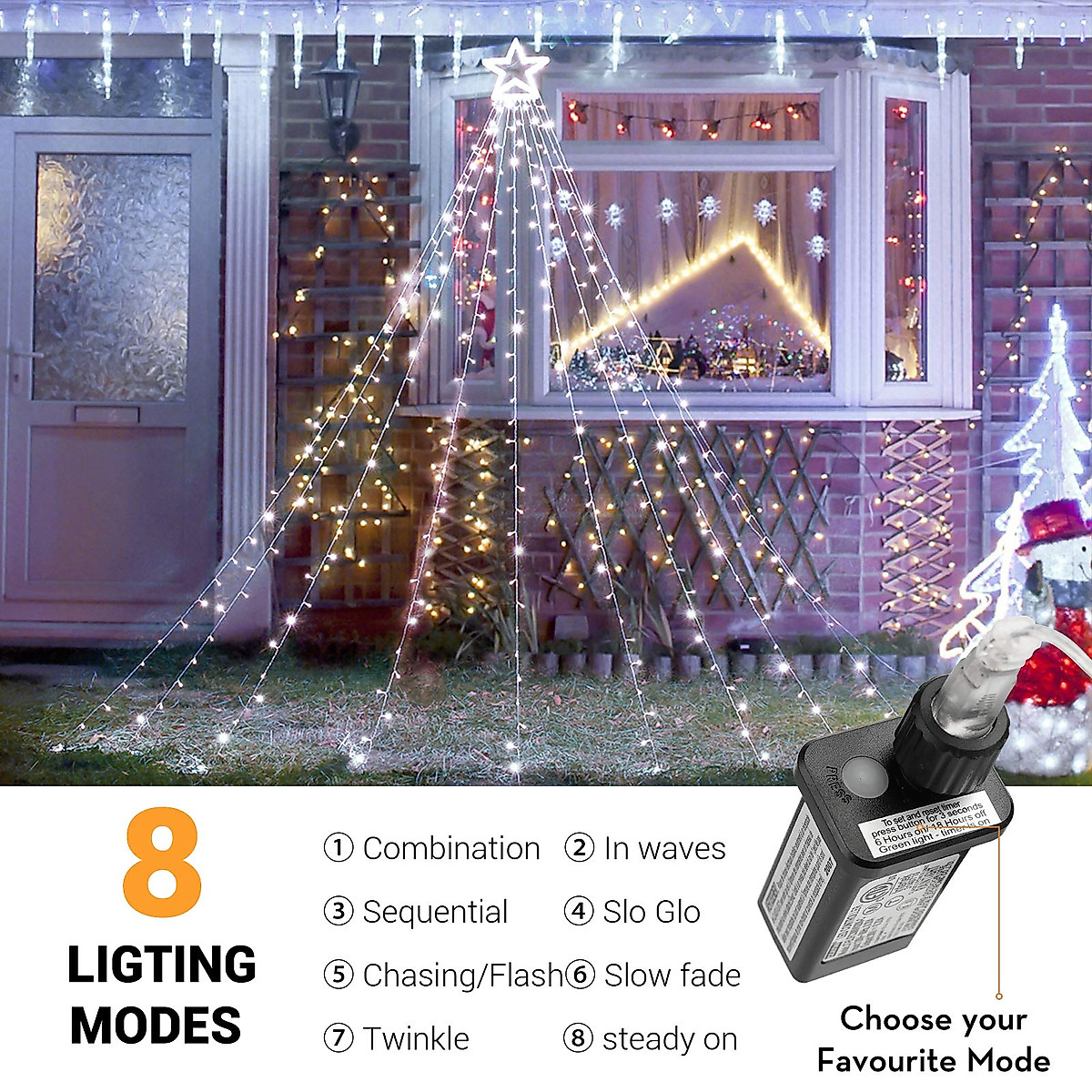 Toodour Christmas Lights, 317 LED 10ft X 9 Outdoor Christmas Decorations Lights with 12" Topper Star, 8 Lighting Modes Outside Christmas Tree Lights (White)
