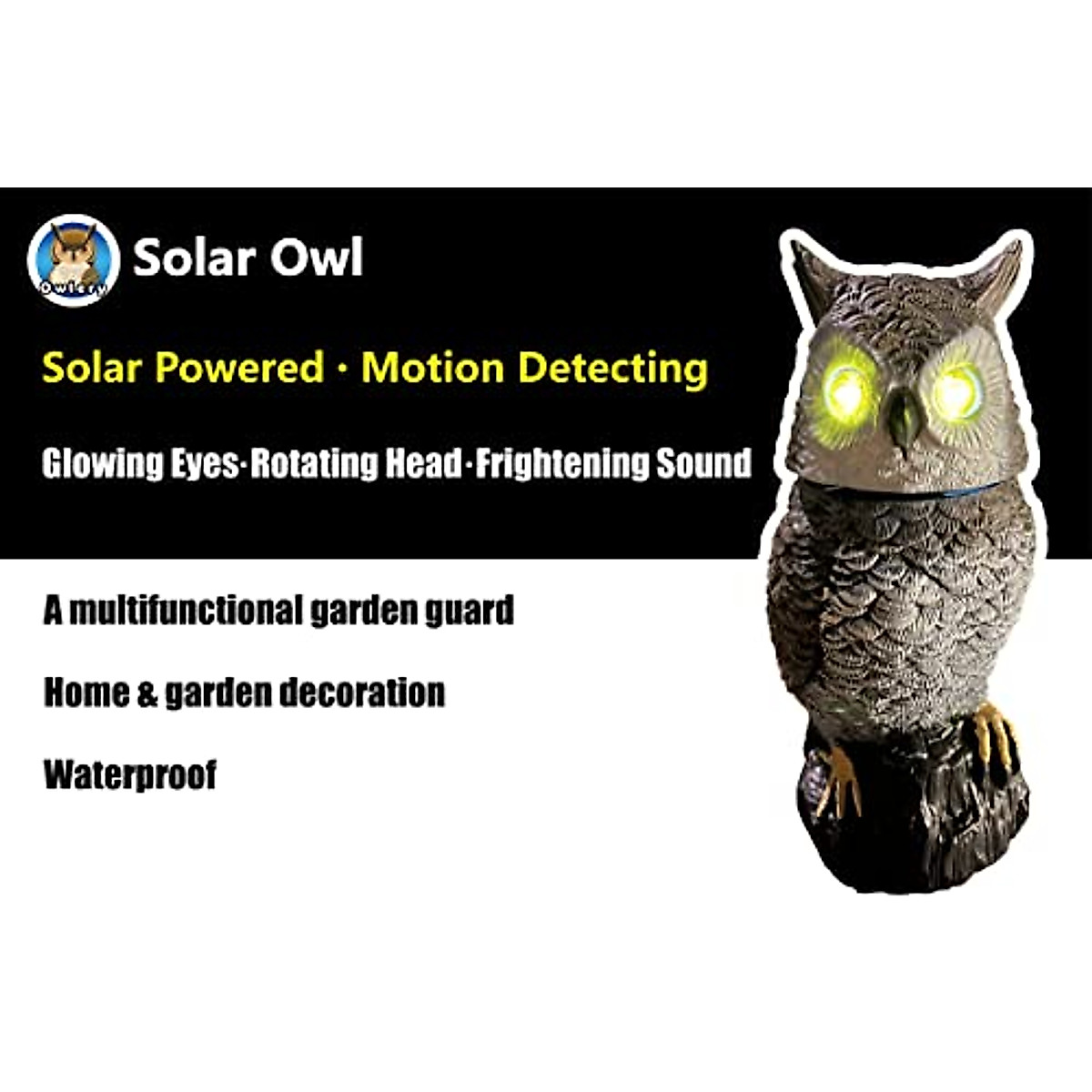 Owlery Solar Owl with Flashing Eyes, Rotating Head and Realistic Tweets, Plastic Owl Decoration for Home, Garden, Patio and Fence, 15 in x 5.5 in x 5.5 in
