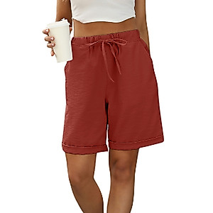 Tanming Women's Summer Casual Elastic Waist Rolled Hem Bermuda Shorts with Belt (Red, X-Large)