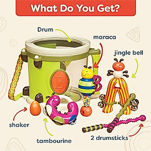 B. toys – Musical Instruments For Kids – Portable Drum Set – Percussion Toys For Toddlers – Jingle Bell, Tambourine, Maraca & More – 18 Months + – Parum Pum Pum