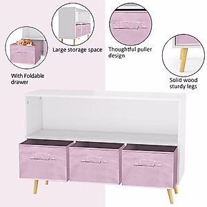 IAFIKE Toy Organizers and Storage, Kids Bookshelf with 3 Cube Fabric Bins and Drawers,Nursery Bookcases, Cabinets & Shelves Toddler Book Shelf for Bedroom,Playroom,Livingroom (Pink)