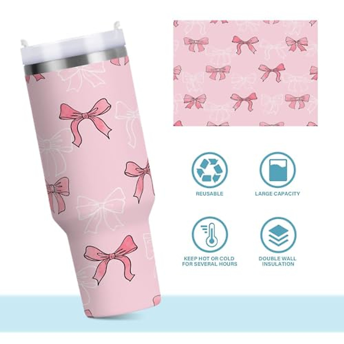 KEEPREAL 40 oz Watercolor Bows Tumbler with Handle, Insulated Sports Water Bottle with Lid and Straw, Thermal Stainless Steel Travel Coffee Mug Cup