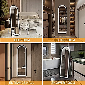 S'bagno 63"x20" Arched-Full-Length-Mirror-with-Lights, Bedroom Full-Body-Floor-Mirror Aluminum Black Frame, Wall-Mounted Hanging Dressing-Mirror with Touch Dimming& 3000K 4000K 6500K