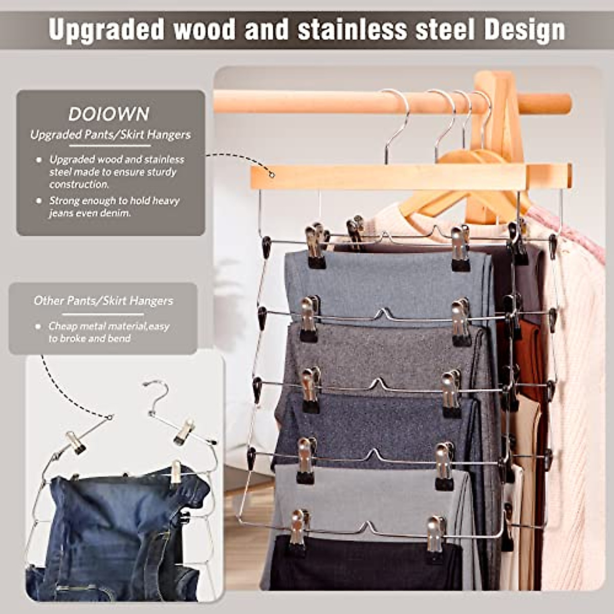 DOIOWN Skirt Hangers Pants Shorts Hangers Space Saving Hangers with Clip,5 Tier Jean Hangers for Closet 3 Pack Non Slip Multiple Pant Skirt Hanger Clothes Hanger Closet Organizer and Storage for Pants