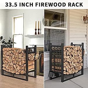 HYTXEN Firewood Rack Fireplace Tools Rack Indoor Fire Wood Racks Outdoor Firewood Rack Heavy Duty Firewood Holder,Fireplace Tools Set,Fireplace w/Kindling Holder,Shovel,Poker,Tongs,Broom