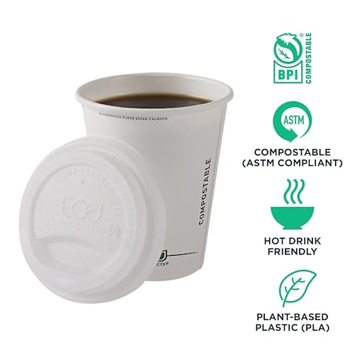 Eco-Products Compostable Coffee Cup Lids, Case of 800, White EcoLid, Fits 8oz Hot Cups, Made from PLA Plastic, A Renewable Material Made from Plants, ASTM, BPI-Certified