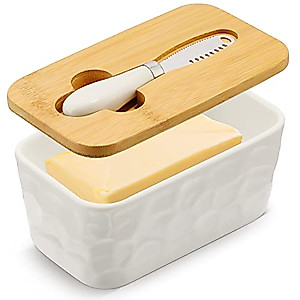 Ceramic Butter Dish with Lid and Knife, Porcelain Butter Container for Countertop, Butter Holder Keeper Double Silicone Seals, Perfect for West or East Coast Butter