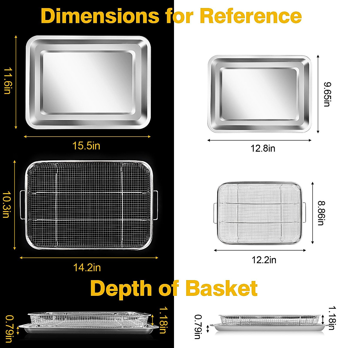 Air Fryer Basket for Oven 2 Set Stainless Steel, Air Fryer Accessories Oven Rack and Crisper Tray, Bacon Cooker Broiler Pan for Oven, Bakeware Sets Oven Rack-2-Set Large & Medium