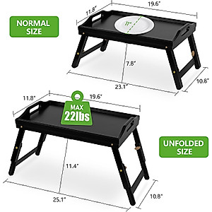 Mayyol Large Breakfast Bed Tray for Eating - Height Adjustable Raised Food Table - Bamboo Serving Tray on Lap Sofa - Portable Snack Platter with Folding Legs Ideal for Bedroom Picnic - Black