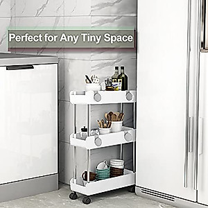 Slim Storage Cart, 3 Tier Mobile Shelving Unit Organizer, Slide Out Rolling Utility Cart Shelf Rack for Kitchen Bathroom Laundry Room Narrow Places, Plastic & Stainless Steel, White