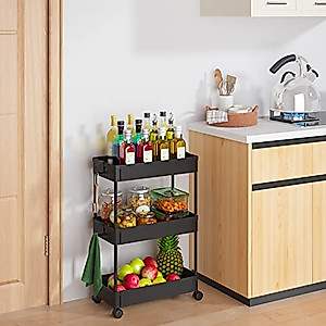 Boeeoan 3 Tier Rolling Utility Storage Cart, Mobile Shelving Organizer with Hooks for Kitchen Bathroom Laundry Room Living Room, Black