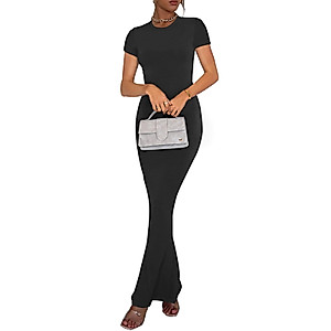 REORIA Women's Summer Sexy Casual Lounge Long Dress Elegant Wedding Guest Short Sleeve Crew Neck Bodycon Maxi Dresses Black Large