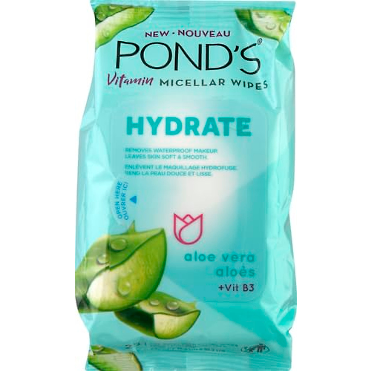 Pond's Vitamin Micellar Wipes For Dry Skin Hydrate Aloe Vera Removes Waterproof Makeup 25 Wipes