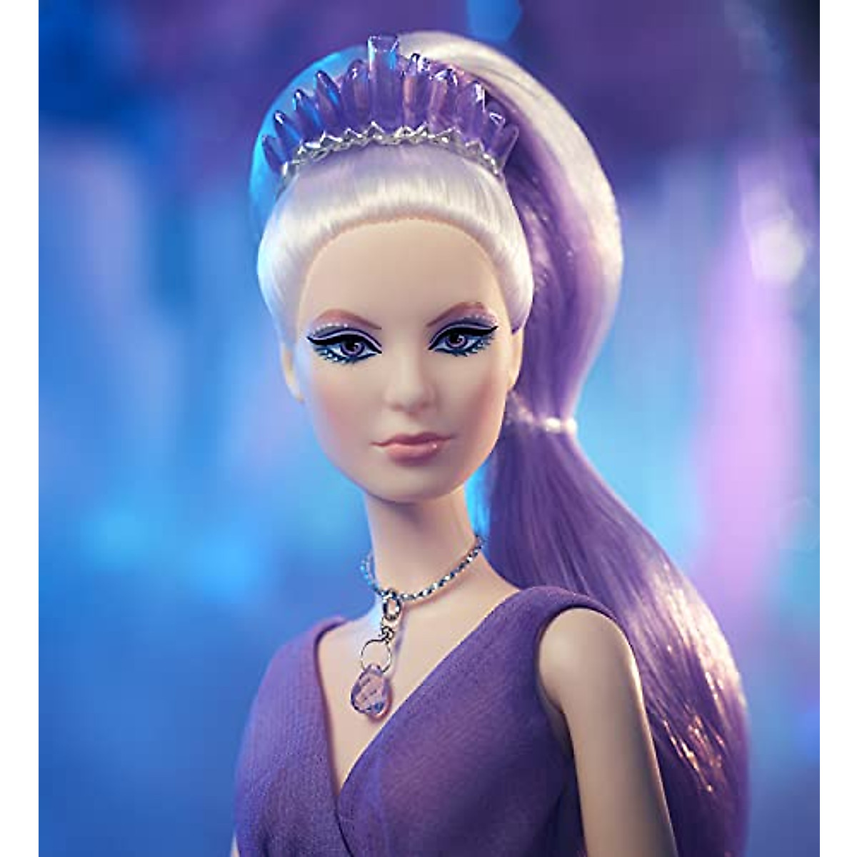 Barbie Crystal Fantasy Collection Amethyst Doll (13-in, Platinum Hair) with Genuine Amethyst Stone Necklace, Wearing Gown and Accessories, Gift for Collectors