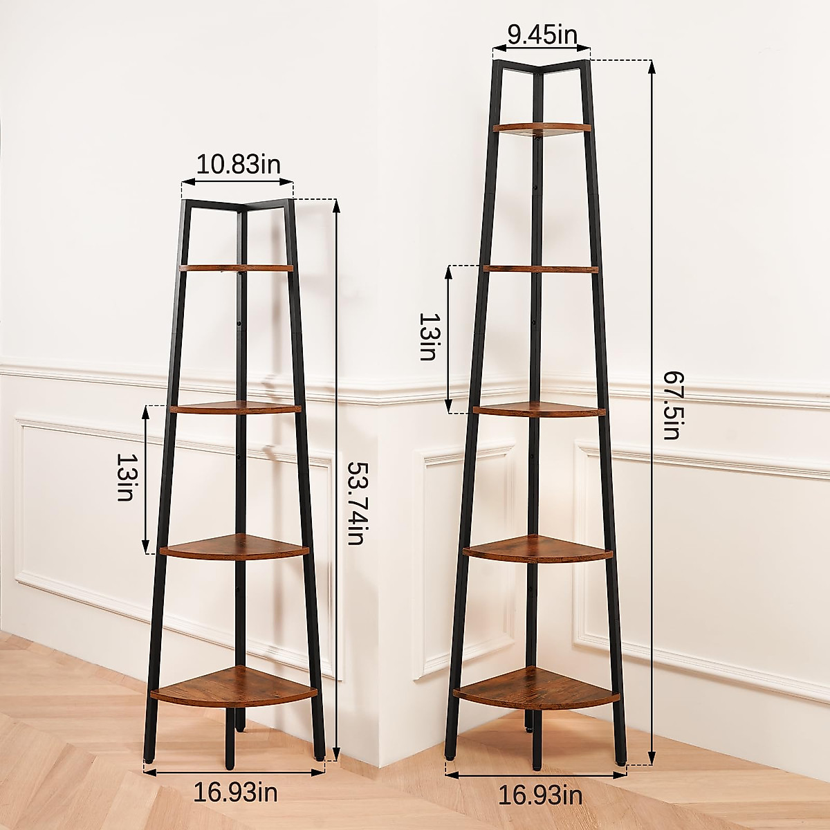 Yoobure 4-Tier Corner Bookshelf with Metal Frame - Ladder Display Shelf for Bedroom and Living Room, Tall Wood Corner Bookcase and Plant Stand