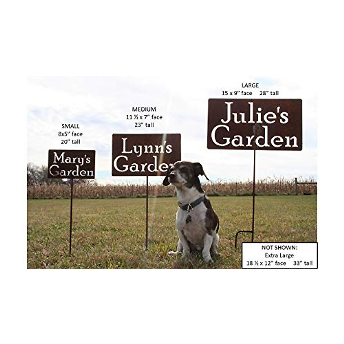 Custom Metal Garden Stake and Pet Memorial Signs Wall Art or Staked Options 20 to 33 Inches Tall Rusted or Powder Coated Finish (Rectangle Sign Plus Stake, 8x5 Inches)