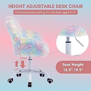 LukeAlon Kids Adjustable Desk Chair, Furry Study Chair with Swivel Base Cute Faux Fur Reading Chair Comfy Upholstered Computer Chair with Arms for Girls Children, Light Colorful
