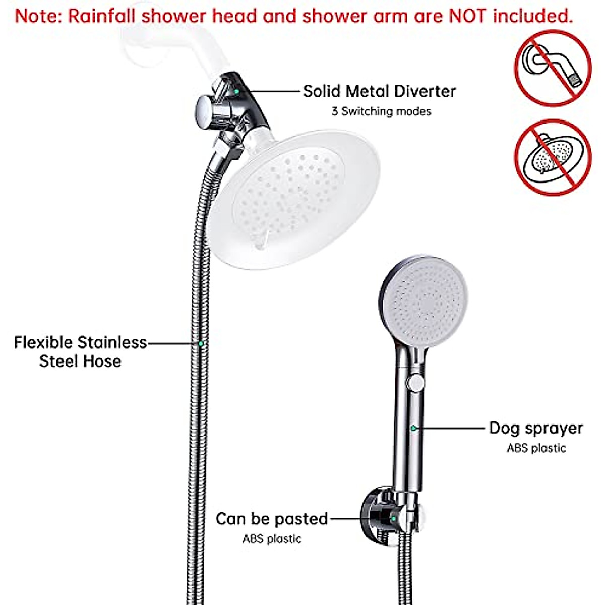 VSincerity Dog Shower Head Sprayer Pet High Pressure 3 Mode Handheld with ONOFF Switch Metal Diverter 100Inch ExtraLong Stainless steel Hose No Drill Hook Chrome 2 Piece Set