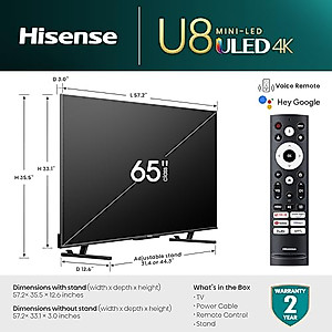 Hisense 65-Inch Class U8 Series Mini-LED ULED 4K UHD Google Smart TV (65U8K) - QLED, 480 Motion Rate, 144Hz Game Mode Pro, Dolby Vision IQ, HDMI 2.1, Alexa Compatibility, 2.1.2 Multi-Channel Audio