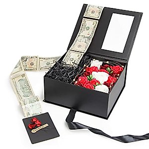 Money Pull Box for Cash Gift - Gift Box with Lid and Ribbon, 9.8 x 8.4 x 4.3 inch Luxury Money Pull Out Flower Gift Box, Unique Birthday Surprise Gift Box for Wife, Girlfriend, Mother, Friend (Black)