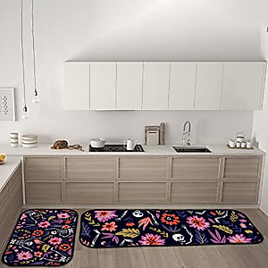 Vantaso Kitchen Floor Mat Rug Floral Halloween Set of 2 Cushioned Non-Slip Comfort Runner Rugs