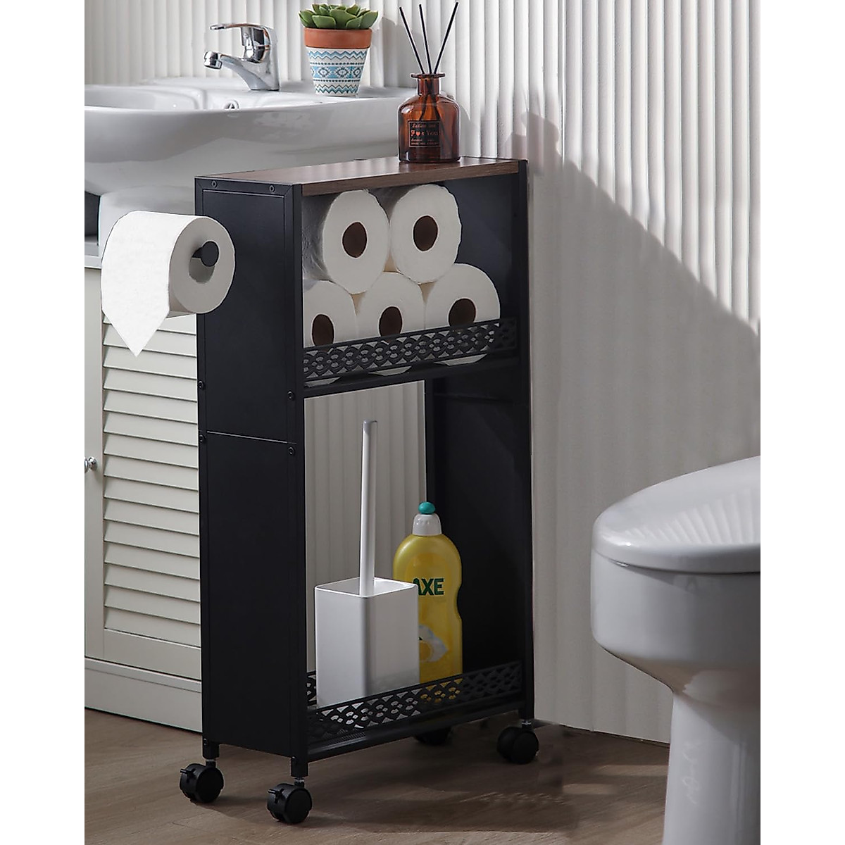 OhuaCason Toilet Paper Holder Stand for Small Bathroom Storage:Skinny Bathroom Storage Cabinet for Small Spaces Tiny Apartment