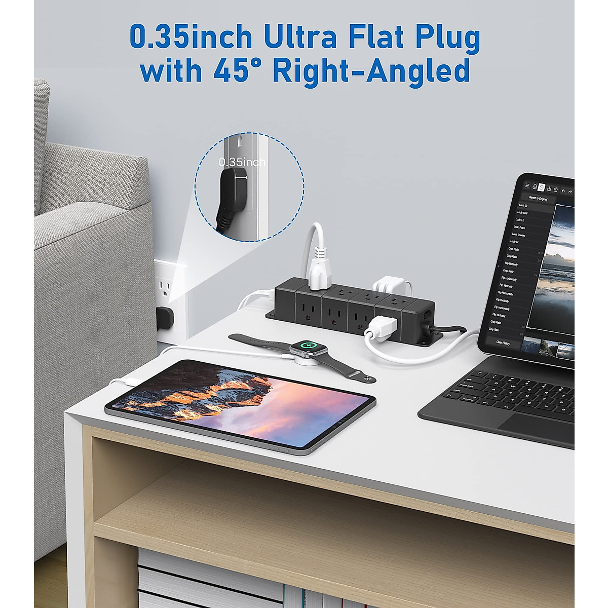 30W USB C Power Strip Surge Protector,Ultra Thin Flat Plug Power Strip 4 Side 12 Outlets,1 PD Fast Charing,2 USB-C, 2 USB-A(4 USB Total 40W),6ft Slim Extension Cord,16 in 1 Desk Power Bar,1200J Black
