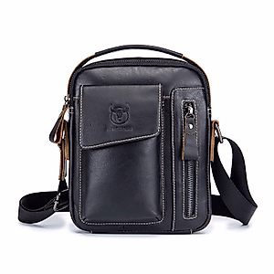 LUKZIJAES Small Genuine Leather Shoulder Bag Men Messenger Handbag Lightweight Sling Crossbody Bag for Business Everyday Casual Travel (#1-Black)