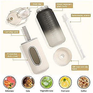 kytffu 64oz Glass Water Bottles with Straw, Half Gallon Motivational Time Marker Water Bottle Glass with and Neoprene Sleeve, 2L Leakproof Large Glass Water Jug for Gym,White