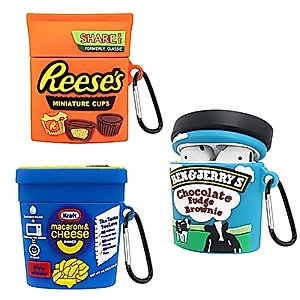3 PACK Food Airpod 2nd Generation Case, Alquar Cute Cartoon Cheese Reese's Chocolate Fudge Skin Protective Cover, Kawaii Funny Soft Silicone Design for Apple AirPod 2/1 Shell Women Girls with Keychain