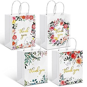 Nezyo 24 Pcs Floral Design Small Thank You Bags with Gold Foiled Printed Thank You Party Bags with Handles White Kraft Paper Bags Party Favor Bags for Wedding Birthday Baby Shower, 8.27x5.91x3.1''