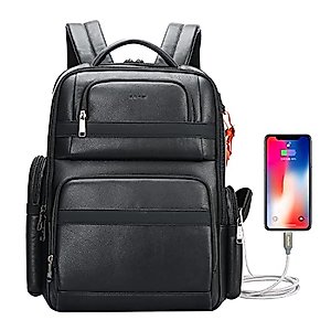 BOPAI 40L Genuine Business Leather Laptop Professional Backpack for Men 15.6 inch Computer with USB Charging Multi-Functional Large Capacity Travel Smart Work Rucksack Anti Theft Black
