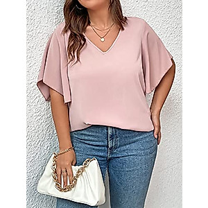 SOLY HUX Womens Plus Size Blouse Summer Tops V Neck Short Sleeve Casual Work Shirts Loose Flowy Blouses 2023 Solid Pink 3XL