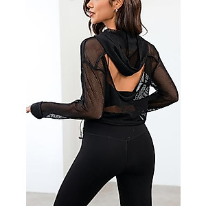 SweatyRocks Women's Activewear Long Sleeve Hollow Out Drawstring Hooded Sweatshirt Sports Crop Top Black M