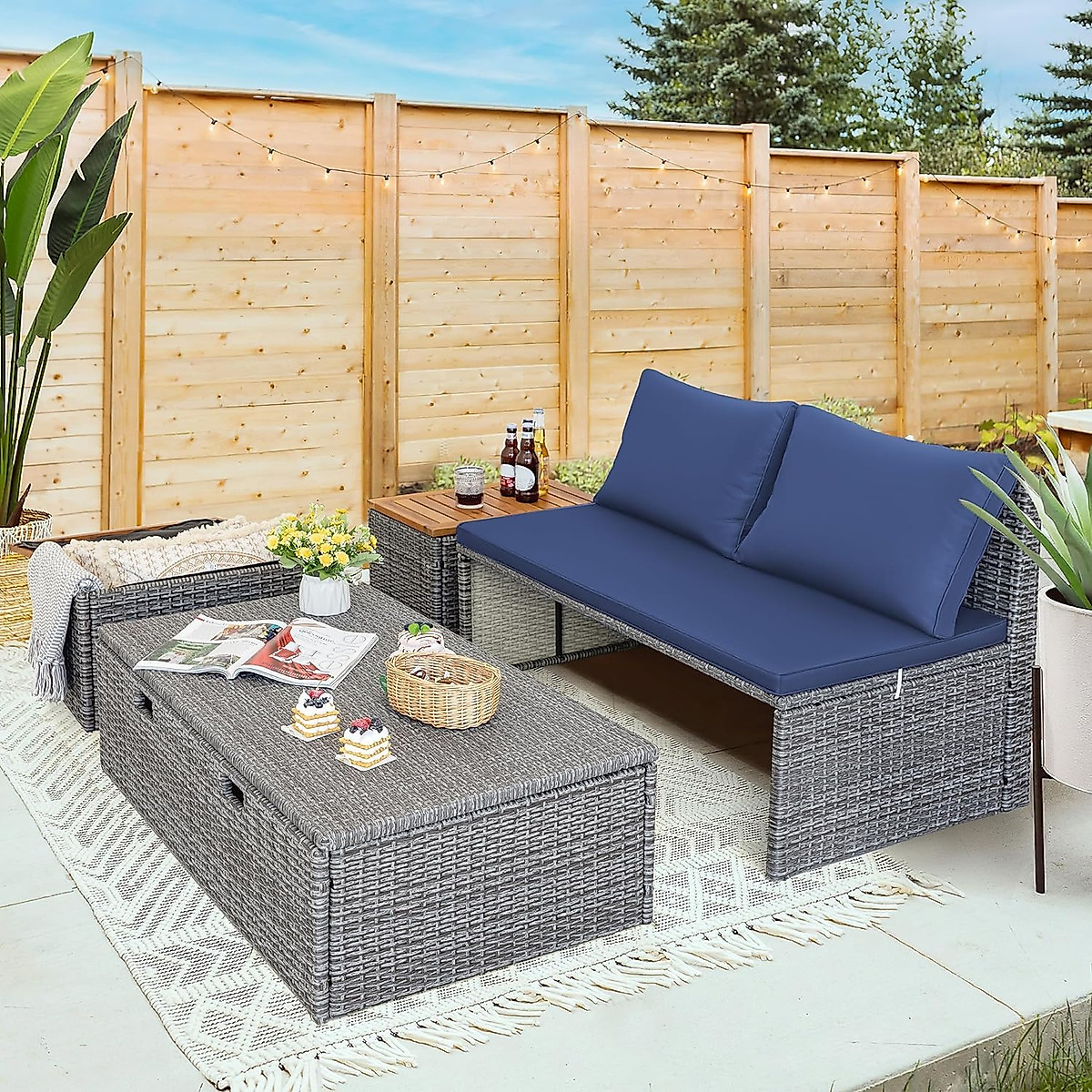 Devoko Patio Day Bed Outdoor Daybed Set Multifunctional Rattan Lounge Bed with 2 Side Tables for Backyard Porch Poolside Lawn Beach (Navy Blue)